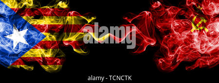 Communist vs Spain, Spanish abstract smoky mystic flags placed side by ...
