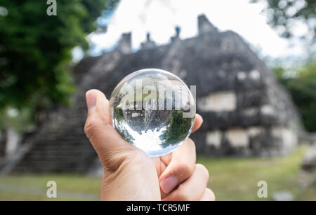 Crystal ball view of the Mexican Yucatan Chichen Itza feather pyramid ...