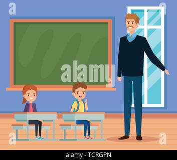 Teacher at blackboard and children at school desks in classroom ...