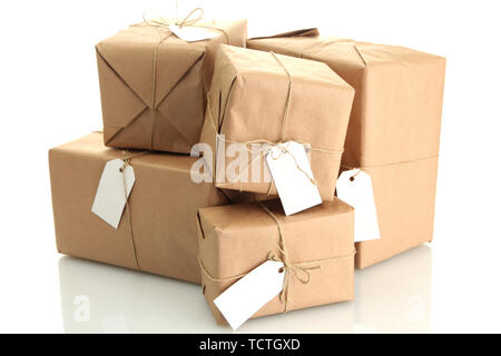 parcels boxes with kraft paper, isolated on white Stock Photo - Alamy