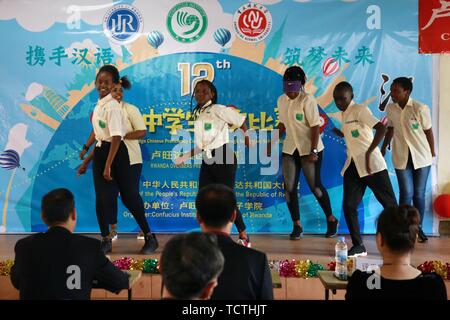 Kigali, Rwanda. 9th June, 2019. A Rwandan student shows his talent ...