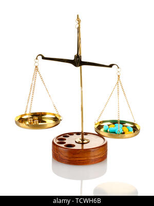 Classic scales with color pills isolated on white Stock Photo - Alamy