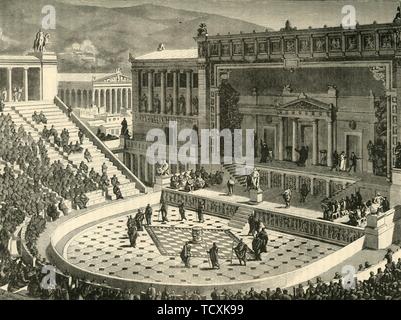 Performance at the Theatre of Dionysus in Athens ancient Greece. Hand ...