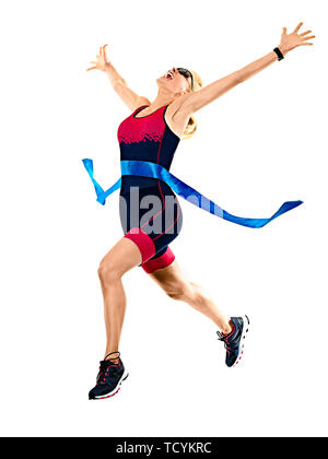 Female runner victorious at the finish line in a track race Stock Photo ...