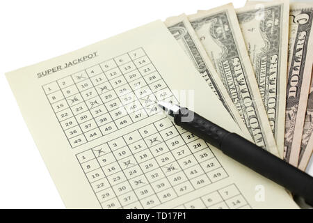 Lottery ticket with pen and money, isolated on white Stock Photo - Alamy