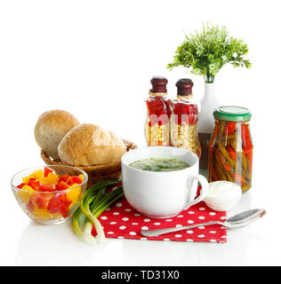 Fragrant soup in cup isolated on white Stock Photo - Alamy