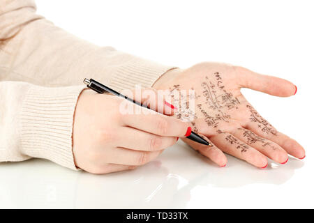 Write cheat sheet on hand isolated on white Stock Photo - Alamy