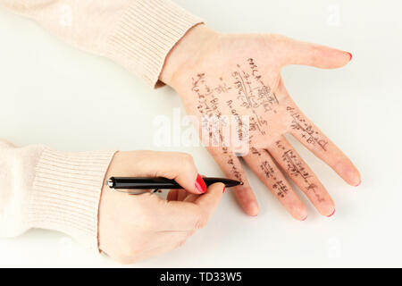 Write cheat sheet on hand isolated on white Stock Photo - Alamy