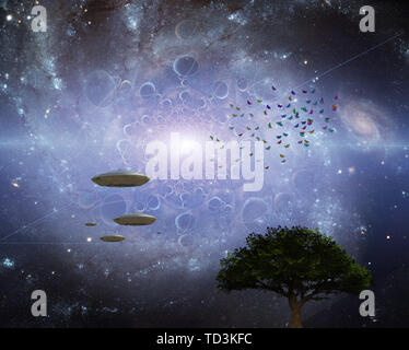 Sci-fi composition of UFO's and green tree of life with butterflies in ...