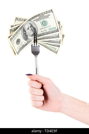 Banknotes on fork isolated on white Stock Photo - Alamy