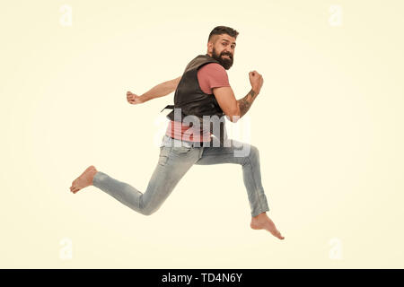 Never stop. Man thief run away. Keep moving concept. Guy bearded ...