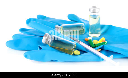 Medical bottles gloves and syringe isolated on white Stock Photo - Alamy