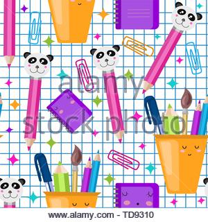 Back to school. Kawaii background with cute education supplies Stock ...