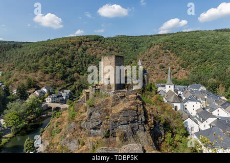 Aerial view of Esch-sur-Sure, medieval town in Luxembourg, dominated by ...