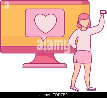 woman taking selfie with smartphone and monitor computer vector ...