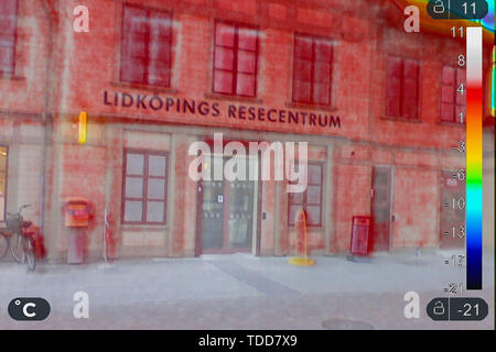 Lidkoping, Sweden- May 10,2019: Thermal image street view of the city ...