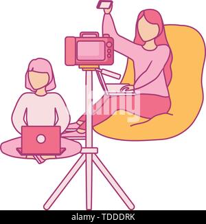 group women using laptop with photographic camera vector illustration ...