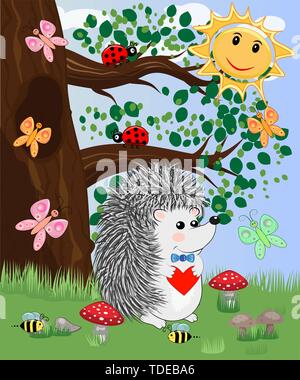 The hedgehog in the forest glade. The concept of art, love. Owl on a ...
