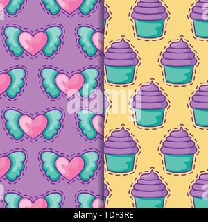 pattern patches of hearts with wings vector illustration design Stock ...