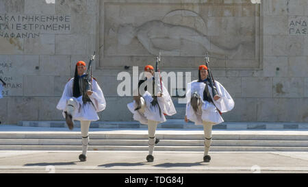ATHENS, GREECE- SEPTEMBER, 4, 2016: three presidential guards marching ...