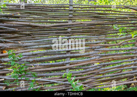 fence made of tree branches boards, Close up of tree trunk in forest ...