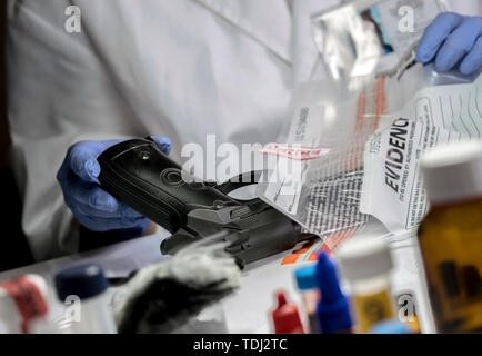 Forensic Science in Laboratory. Police expert examining crime scene ...