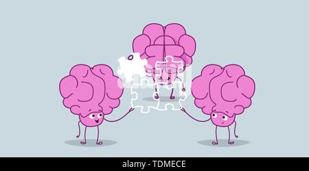 cute human brains putting parts of puzzle together pink cartoon ...