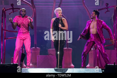 Pink performs on stage at the Millenium Stadium in Cardiff on her ...