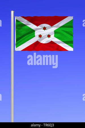 Flag of Burundi. Vertical flag, against blue sky with place for your ...