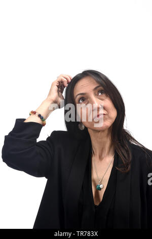 elegant woman having a doubt or question on white background Stock ...