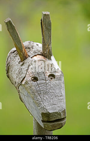 Simple wooden carving of deer's head at Murton Farm, Forfar, Angus ...