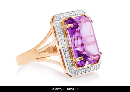 Elegant amethyst golden ring isolated on black background Stock Photo ...