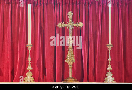 Jesus Cross on the main altar, interior of the Sagrada Familia, Church ...