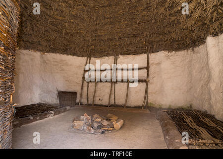 Thatched roof ceiling inside a recreated Neolithic stone age hut ...