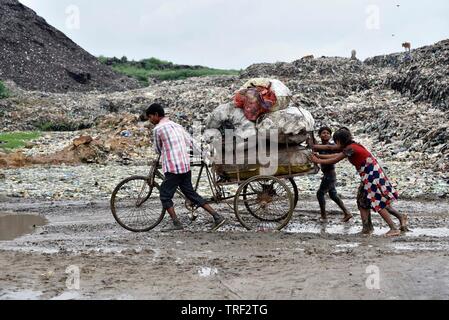 Rag pickers on a landfill site with Greater adjutant stork (Leptoptilos ...