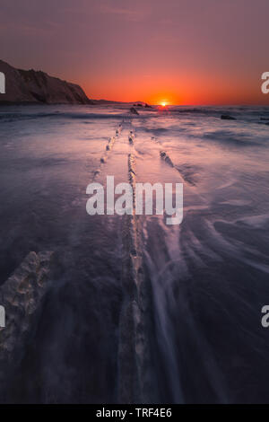 Beach of Itzurun at Zumaia with the famous flysch coast, Basque Country ...