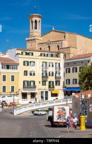Santa Maria de Maó cathedral in Mahon, Spain, seen over some buildings ...