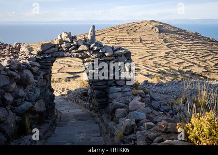 Scenic view of Pachatata Temple, seen from Pachamama Temple at Amantani ...