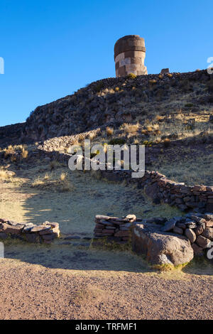 Impressive pre-Inca burial tower called chullpa with the Lake Umayo in ...