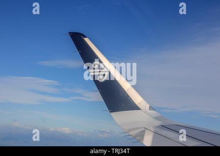 Left wing tip, winglet, aircraft, Airbus, A, A320, A321, clouds, over Fuerteventura, Canary ...
