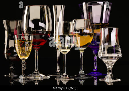 strong alcoholic beverages. cognac, rum, whiskey in glasses on the ...