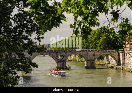 A boat with tourists sailing on the Tiber river in Rome, Italy Stock ...