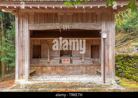 Small wooden Shinto shrine on mountain, Wakura Onsen seaside resort ...