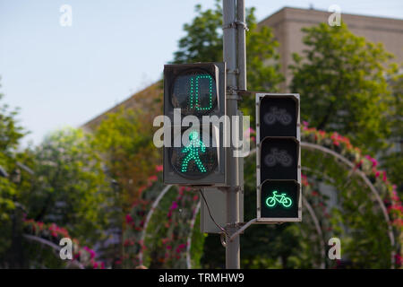 Pedestrian Puffin Crossing with traffic light on green with pedestrian ...