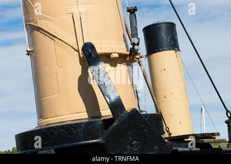 tug boat with yellow funnel Stock Photo - Alamy
