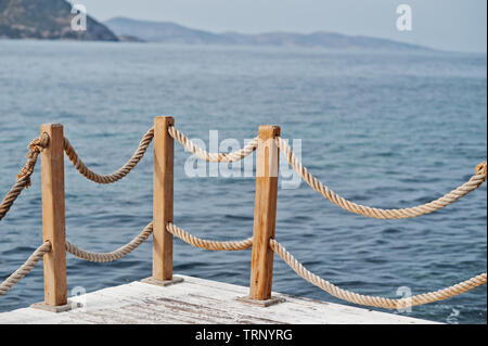 banister railing on marine rope and wood Moraira Mediterranean sea ...