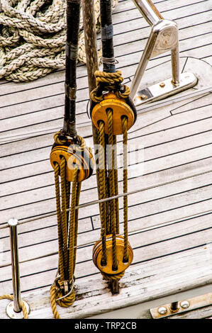 Maritime ships rigging and ropes pulley blocks and tackles on the decks ...