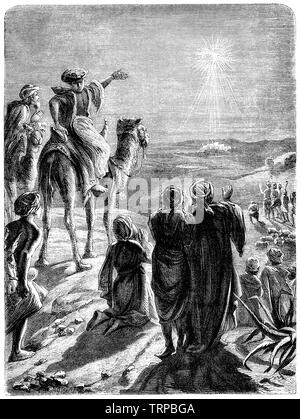 Three kings following the star to Bethlehem birthplace of Jesus. Hand ...
