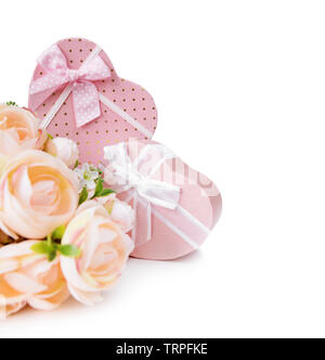 Gift boxes with beautiful bows isolated on white background. Valentine ...