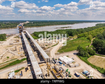 Aerial view of South Bridge construction site over Vistula river ...